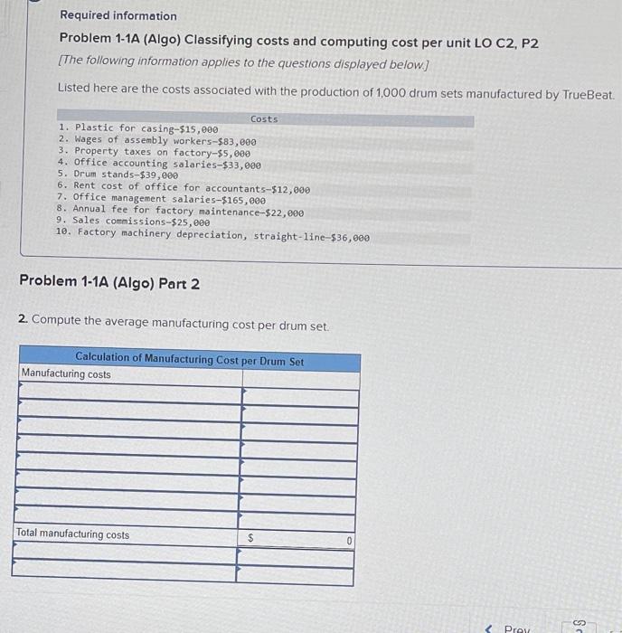 Solved Problem 1-1A (Algo) Classifying costs and computing | Chegg.com
