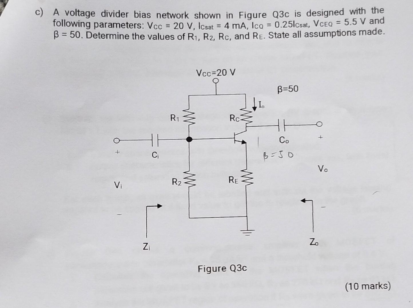 Solved c) A voltage divider bias network shown in Figure Q3c | Chegg.com