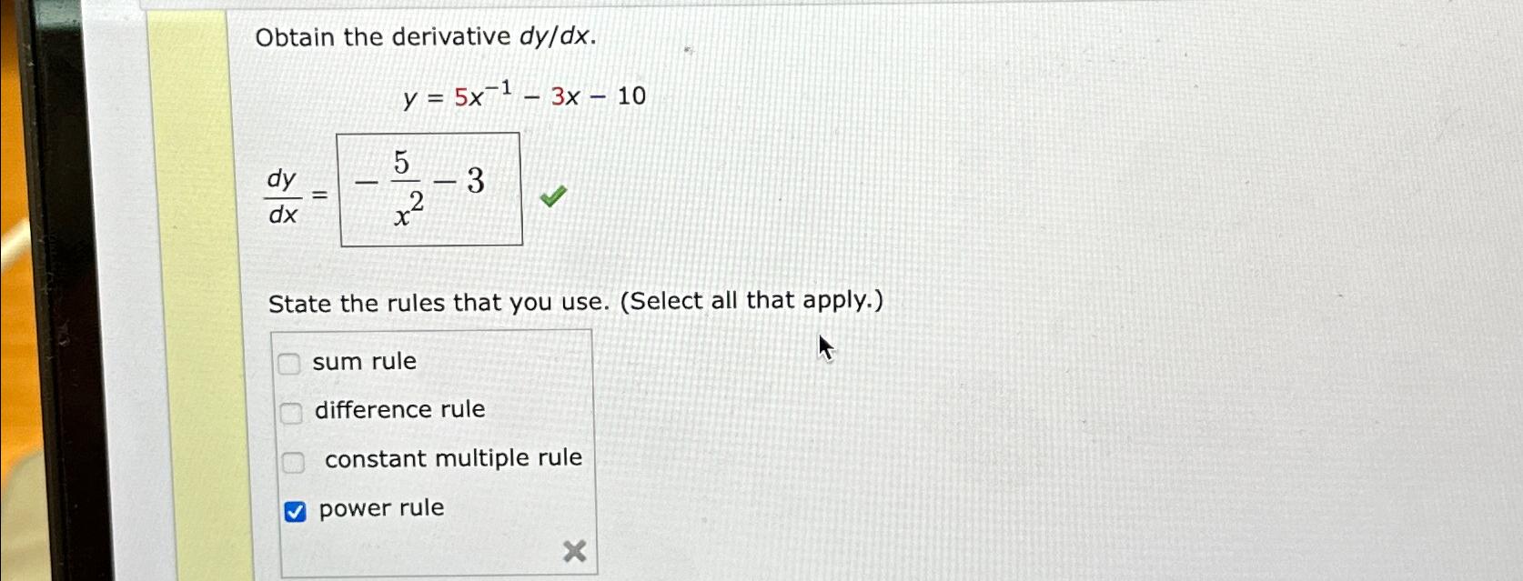 Solved Obtain the derivative dydx.y=5x-1-3x-10dydx=State the | Chegg.com
