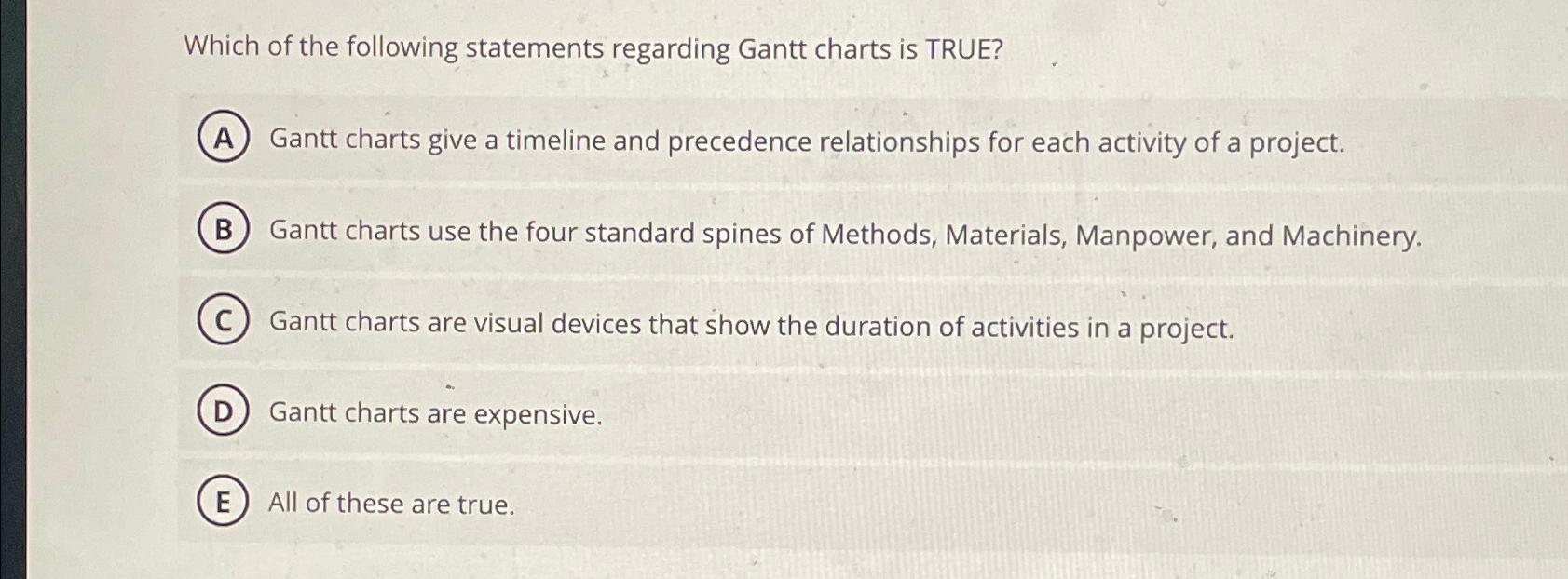 Solved Which of the following statements regarding Gantt | Chegg.com