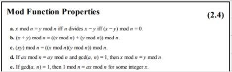 Solved Mod Function Properties a. xmodn=ymodn iff n divides | Chegg.com