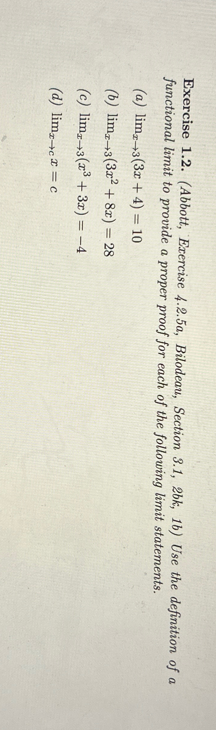 Solved Exercise 1.2. (Abbott, ﻿Exercise 4.2.5a, ﻿Bilodeau, | Chegg.com