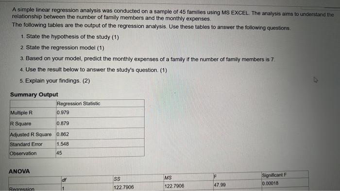 A simple linear regression analysis was conducted on | Chegg.com