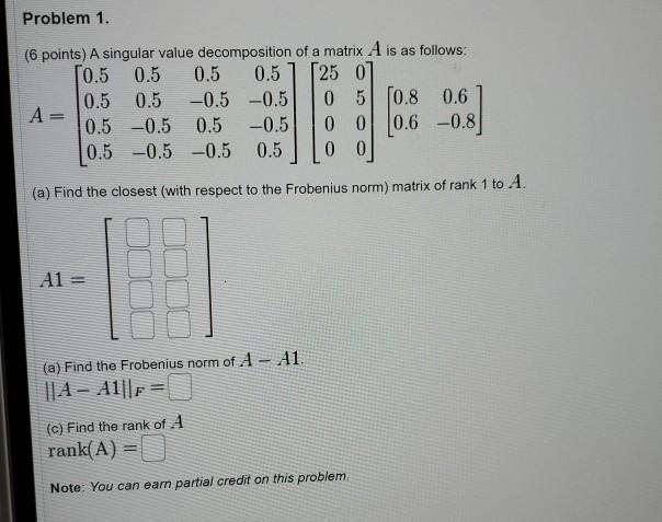 Solved Problem 1. (6 points) A singular value decomposition | Chegg.com
