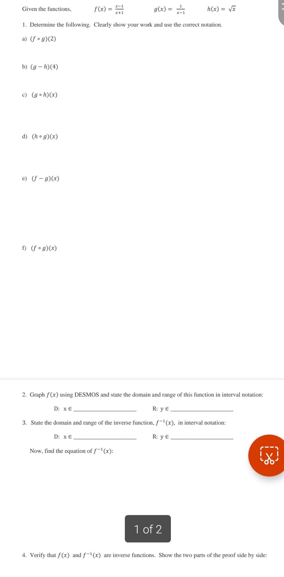 Solved Given The Functions Fxx1x−1gxx−11hxx 1 