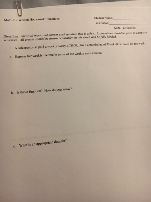 Solved Math 112 Written Homework: Functions Student Name: | Chegg.com
