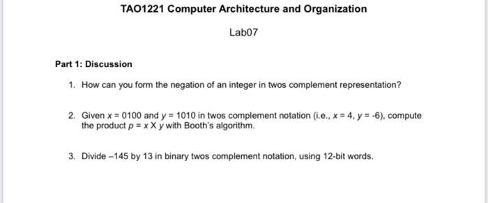 Solved TAO1221 Computer Architecture and Organization Lab07 | Chegg.com