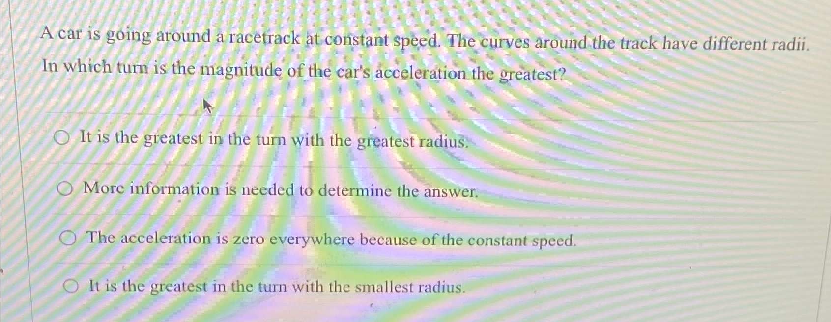 Solved A car is going around a racetrack at constant speed. | Chegg.com