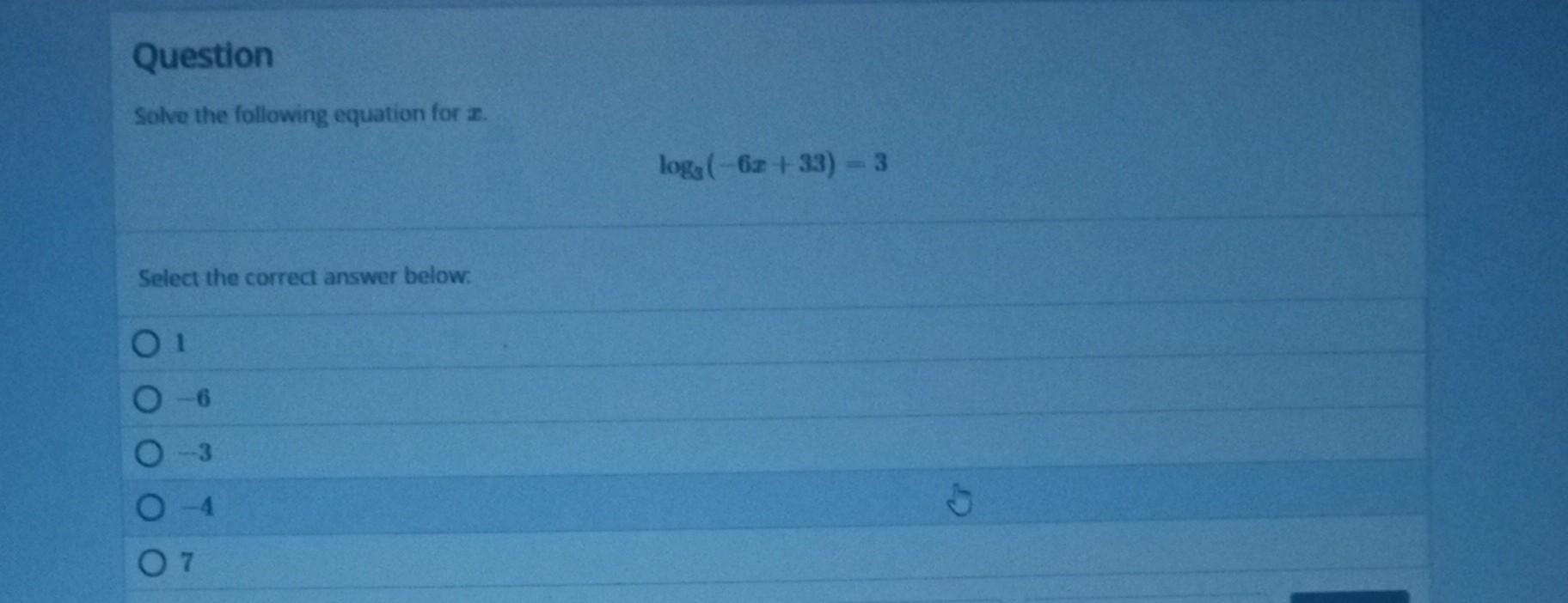 Solved Solve the following equation for x. log3(−6x+33)=3 | Chegg.com