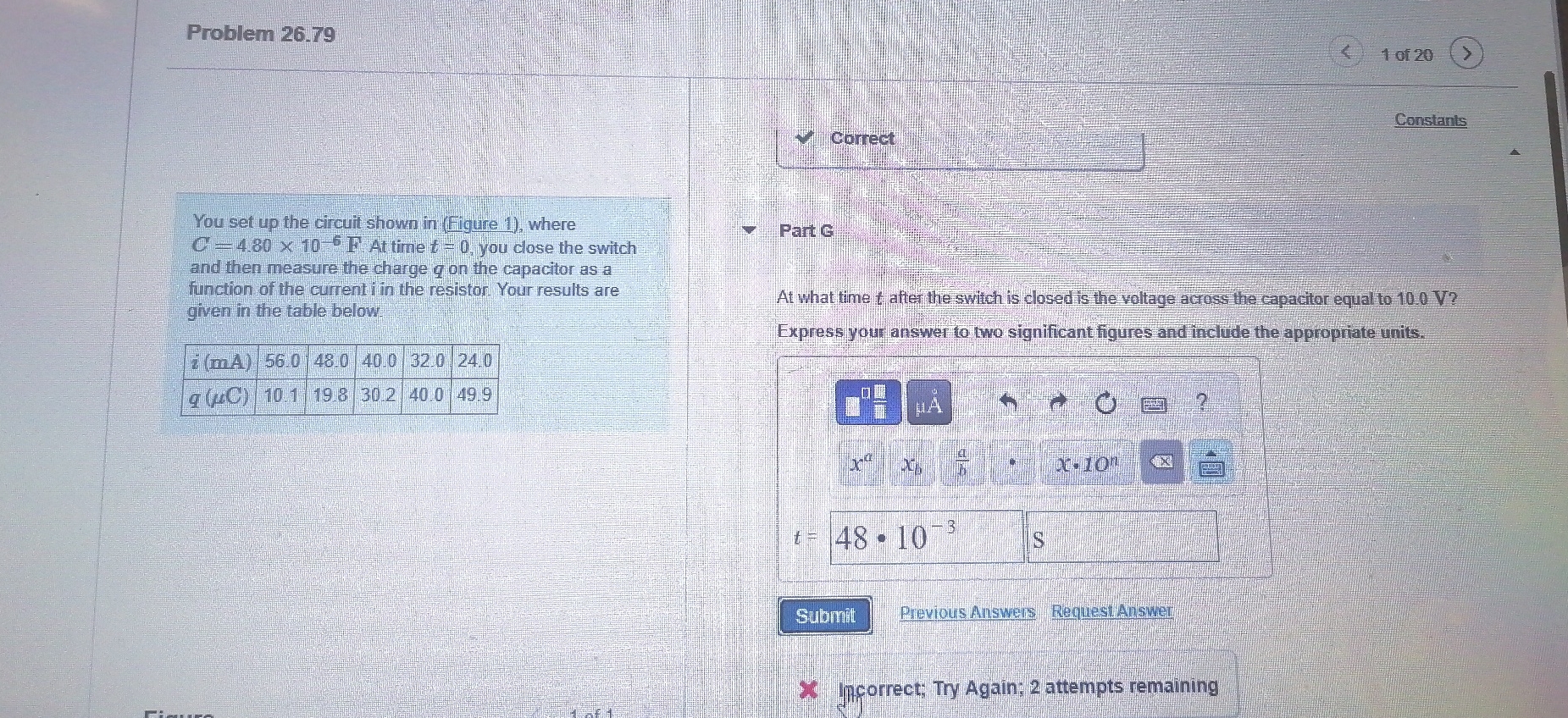 Solved Problem 26.791 ﻿of 20ConstantsCorrectYou set up the | Chegg.com