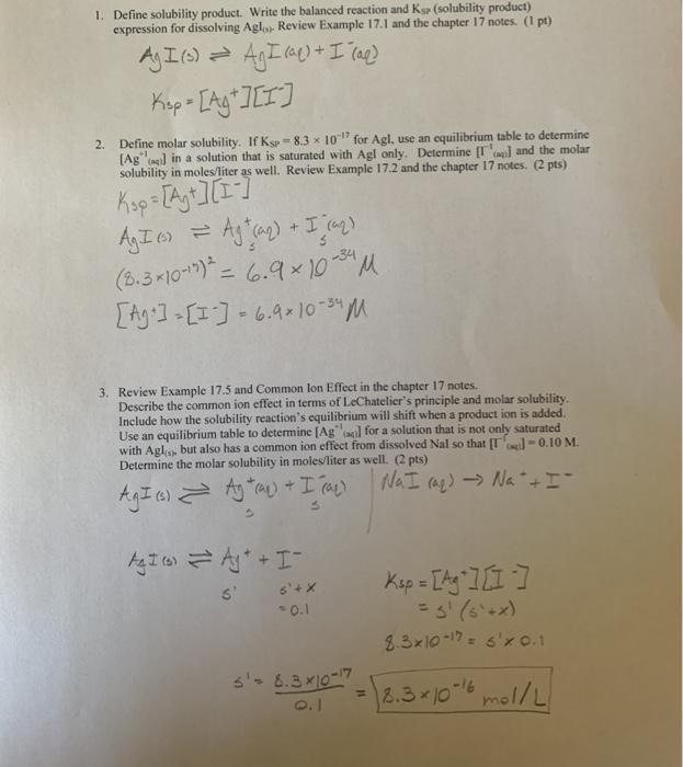 Solved 1. Define solubility product. Write the balanced | Chegg.com