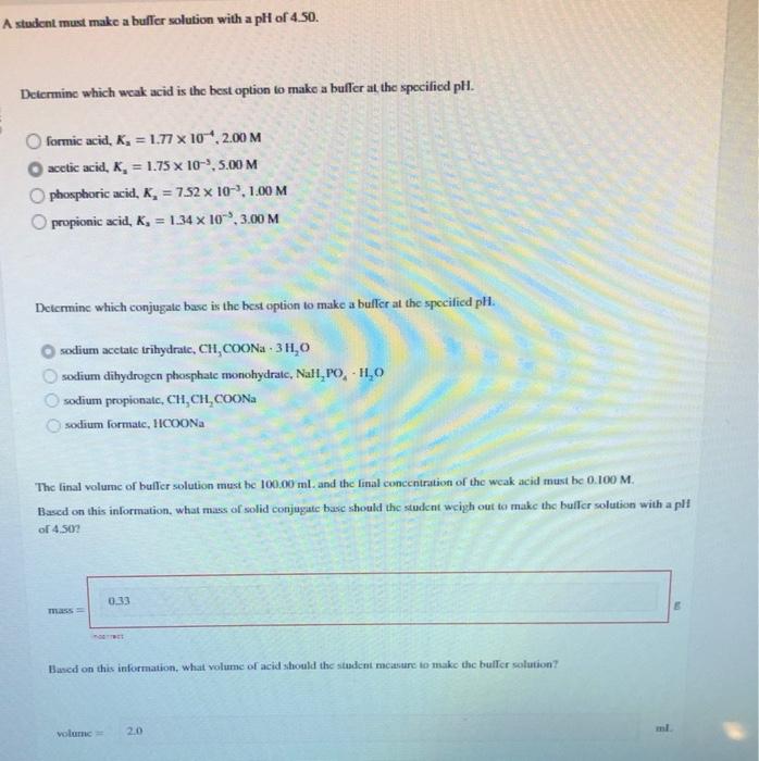 Solved A student must make a buffer solution with a pH of | Chegg.com