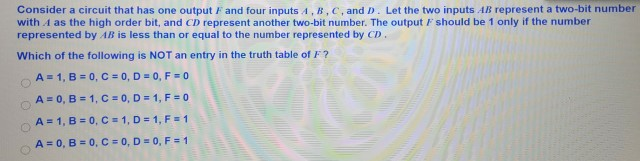 Solved Consider a circuit that has one output F and four | Chegg.com