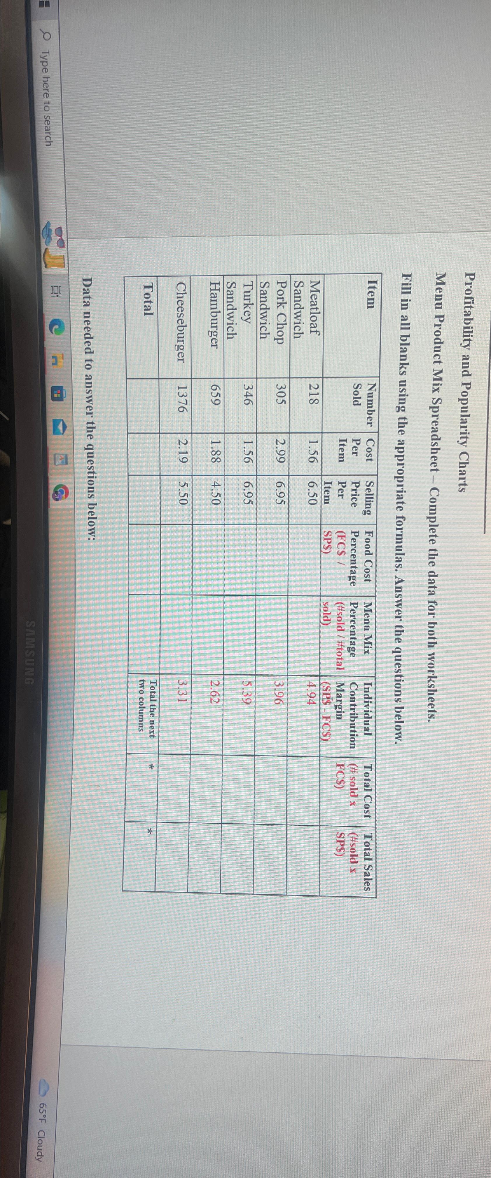 Solved Profitability and Popularity ChartsMenu Product Mix | Chegg.com