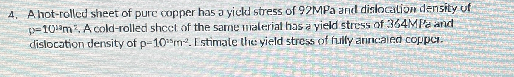 Solved A hot-rolled sheet of pure copper has a yield stress | Chegg.com