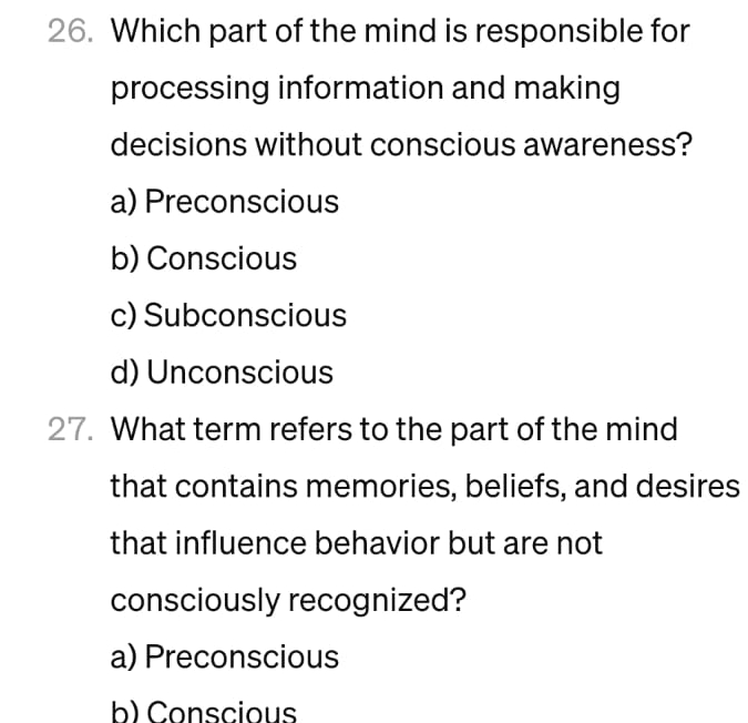 Solved Which part of the mind is responsible for processing | Chegg.com