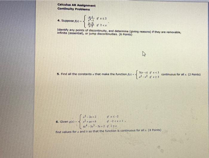 Solved Calculus AB Assignment Continuity Problems 4. Suppose | Chegg.com