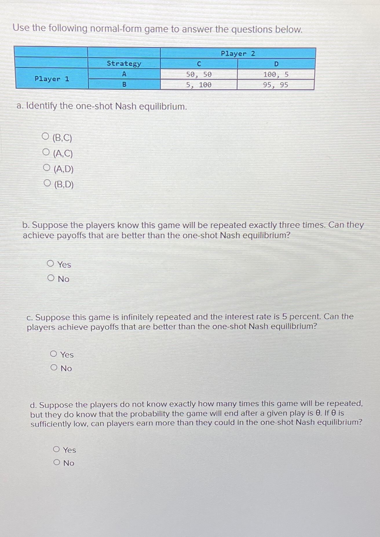 Solved Use the following normal-form game to answer the | Chegg.com