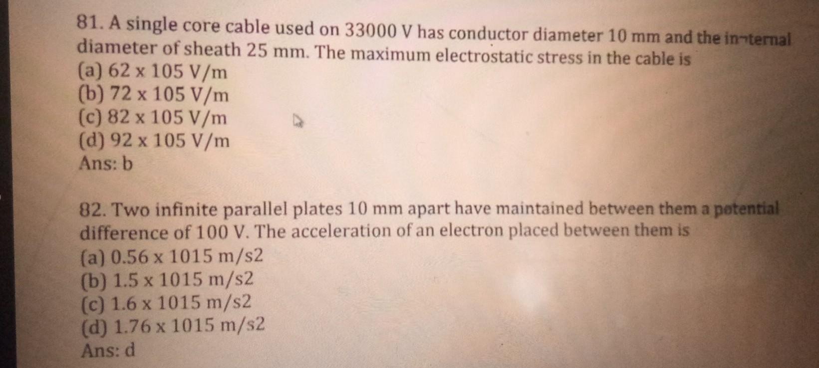 Solved 81. A single core cable used on 33000 V has conductor | Chegg.com