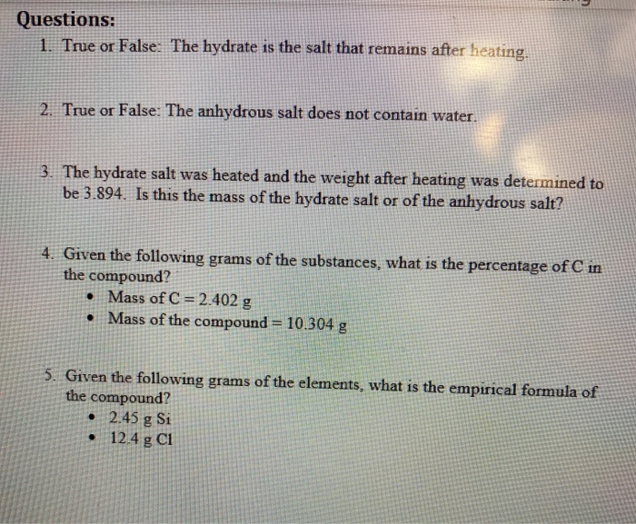 Solved Water of a Hydrate Lab Report Sheet + Name Date Show | Chegg.com