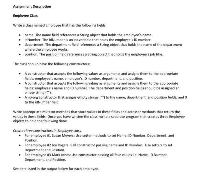 Solved Assignment Description Employee Class Write a class | Chegg.com