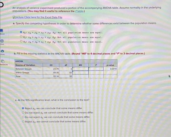 Solved An analysis of variance experiment produced a portion | Chegg.com