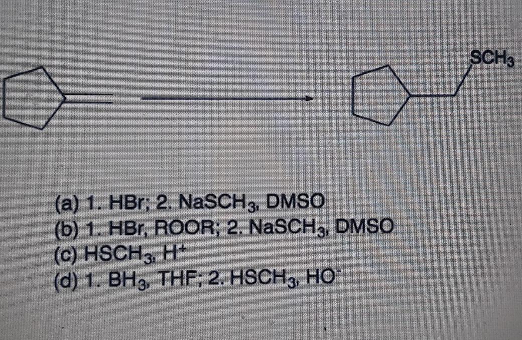 Solved SCH3 (a) 1. HBr; 2. NaSCH3, DMSO (b) 1. HBr, ROOR; 2. | Chegg.com