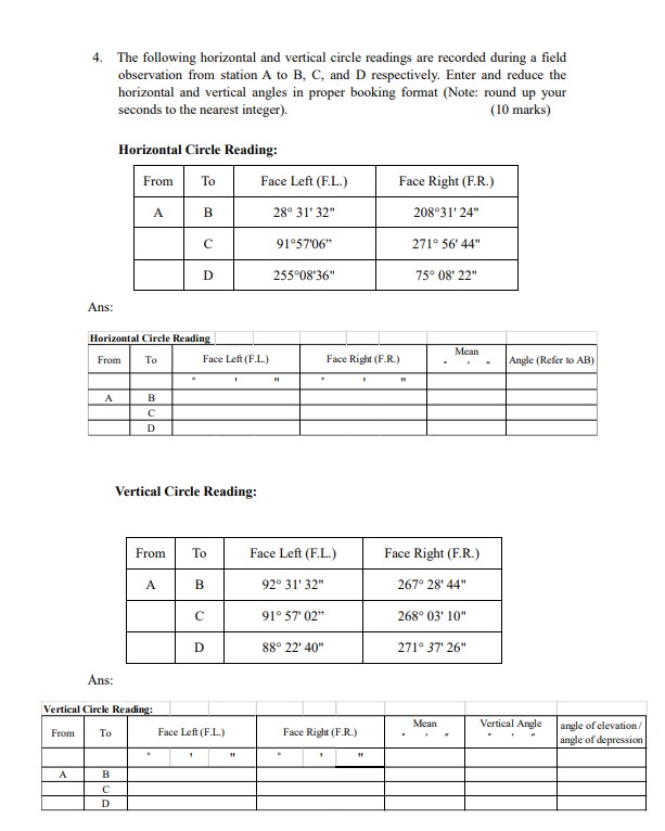 Solved The following horizontal and vertical circle readings | Chegg.com