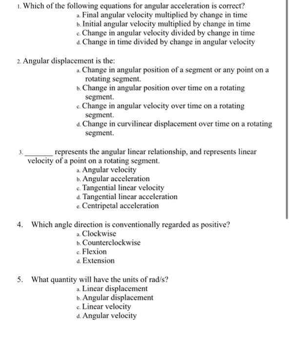Solved 1. Which of the following equations for angular | Chegg.com