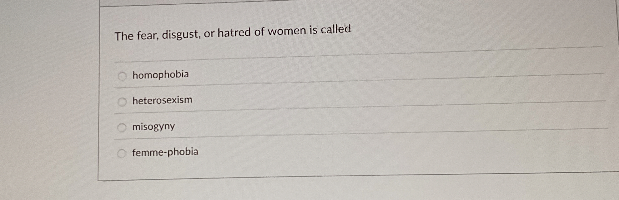 Solved The fear, disgust, or hatred of women is | Chegg.com