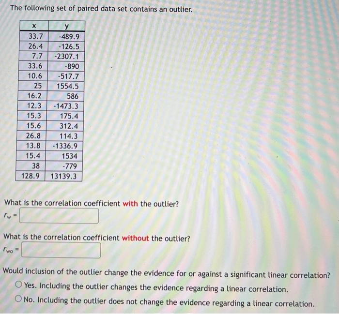 Solved The following set of paired data set contains an | Chegg.com