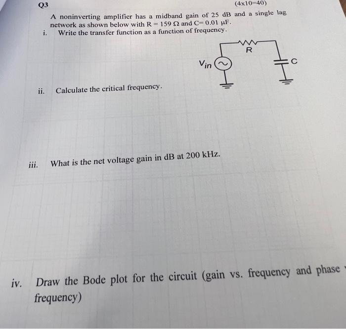 Solved A noninverting amplifier has a midband gain of 25 dB | Chegg.com