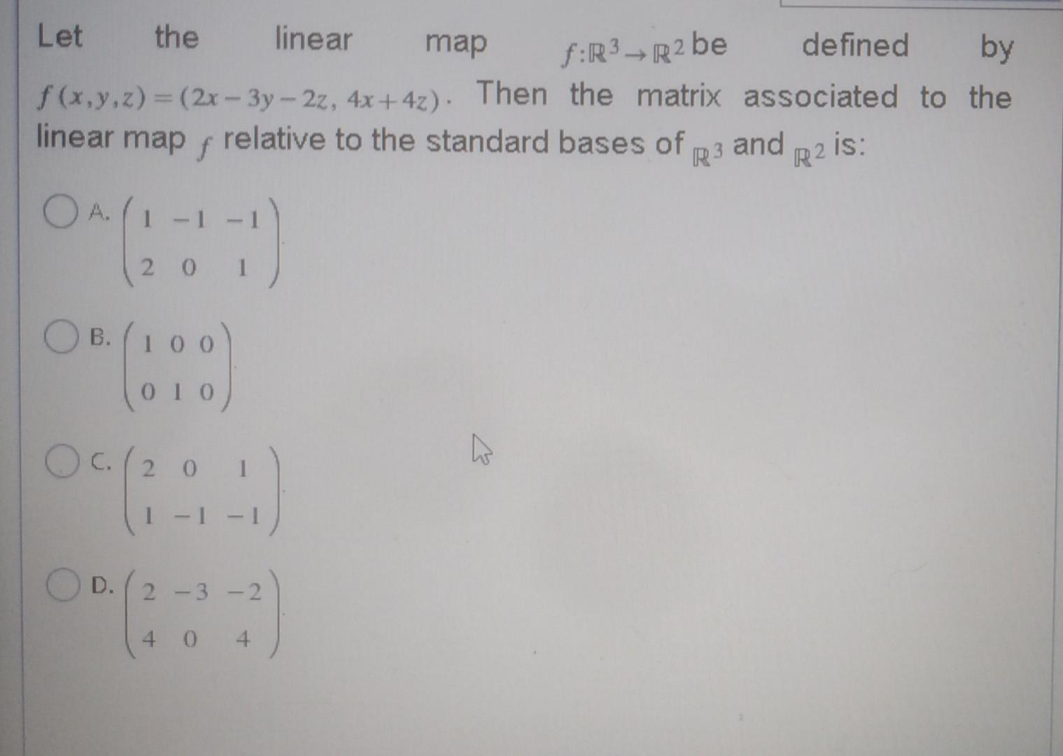 Solved f:R3-R2 be Let the linear map defined by f(x,y,z) = | Chegg.com