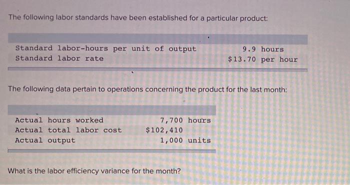 Solved The following labor standards have been established | Chegg.com