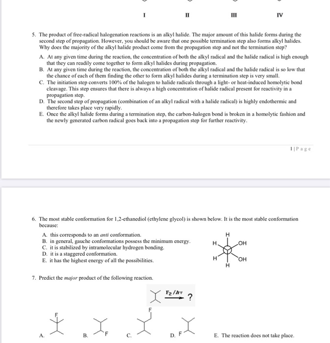 Solved III IV 5. The product of free-radical halogenation | Chegg.com