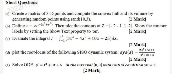 Create a matrix of 3-D points and compute the convex | Chegg.com