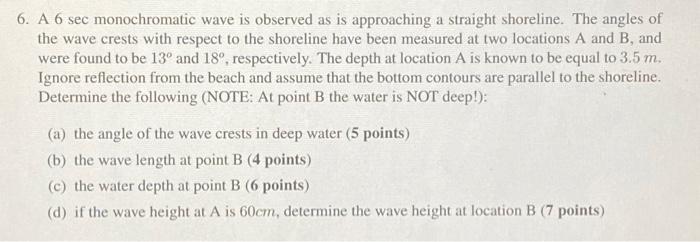 Solved 6. A 6sec monochromatic wave is observed as is | Chegg.com
