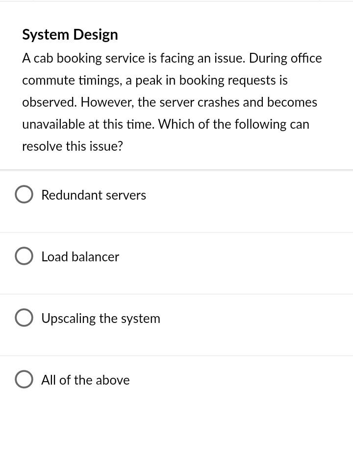 Solved System Design A cab booking service is facing an | Chegg.com
