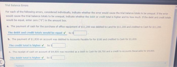 Solved Trial Balance Errors For each of the following | Chegg.com