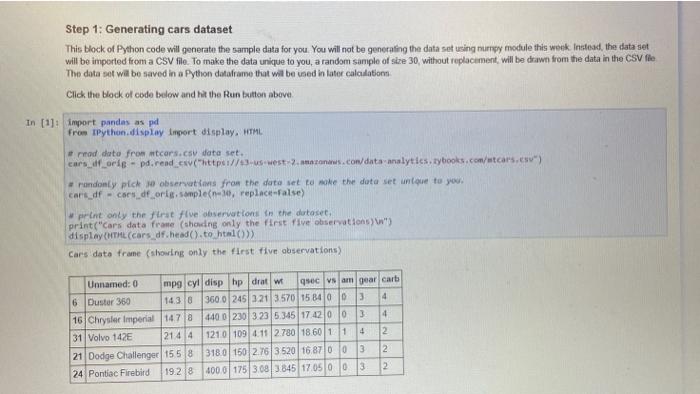 Solved Step 1: Generating cars dataset This block of Python | Chegg.com
