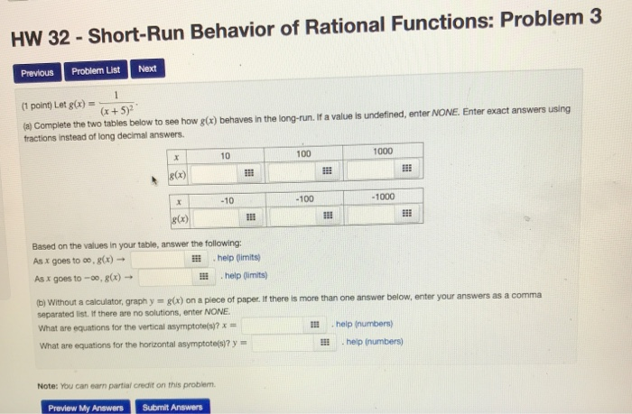 Solved HW 32 - Short-Run Behavior of Rational Functions: | Chegg.com