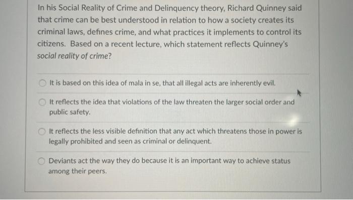 Solved In his Social Reality of Crime and Delinquency | Chegg.com