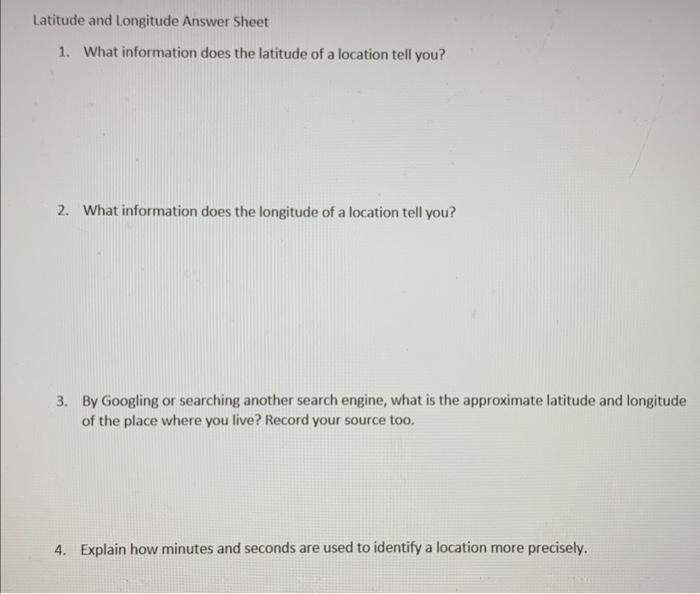 Solved Latitude and Longitude Answer Sheet 1. What | Chegg.com