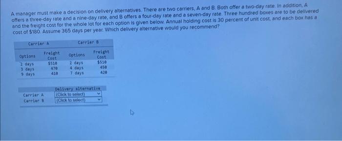 Solved A manager must make a decision on delivery | Chegg.com
