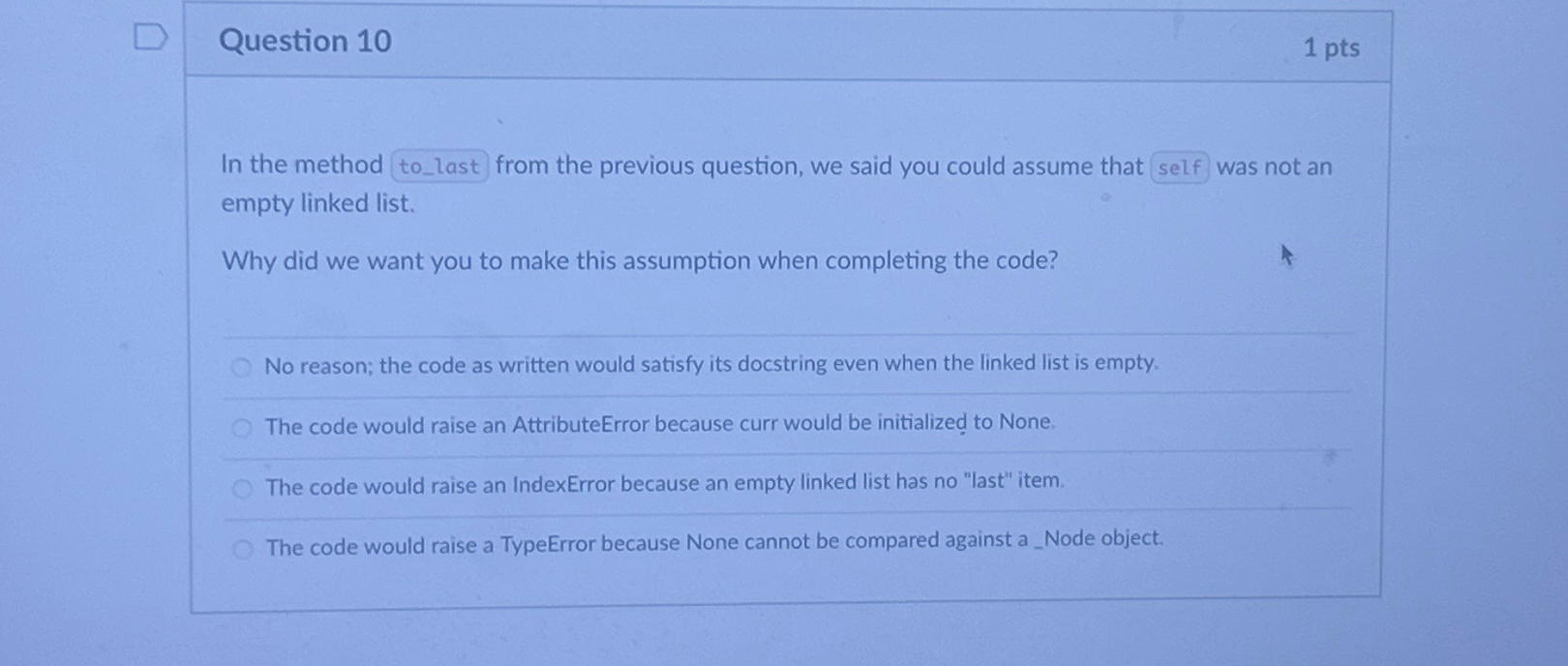 Solved Question 101 ﻿ptsIn the method to_last from the | Chegg.com