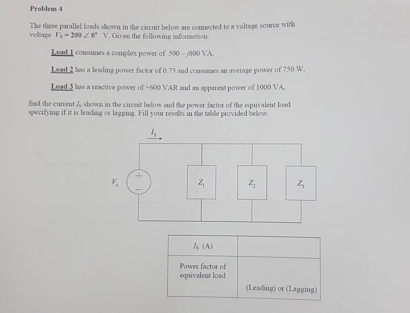 Solved Problem 4 The three parallel loads shown in the | Chegg.com
