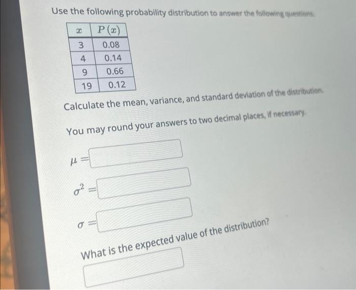 Solved Use the following probability distribution to answer | Chegg.com