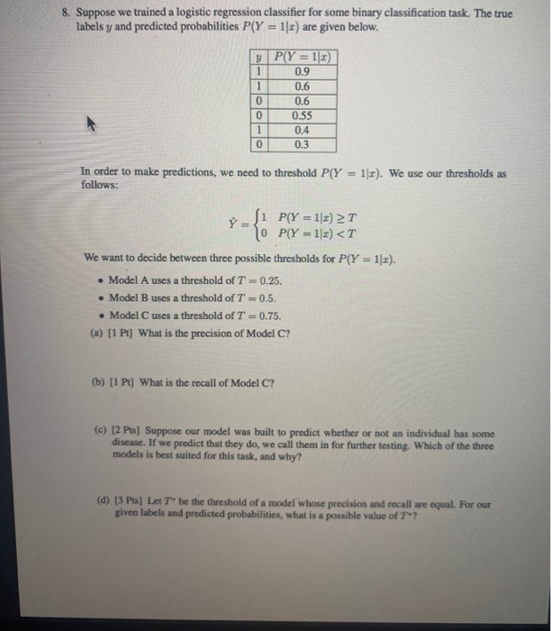 Solved 8. Suppose we trained a logistic regression | Chegg.com