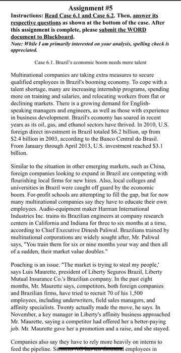 Solved Assignment #5 Instructions: Read Case 6.1 and Case | Chegg.com