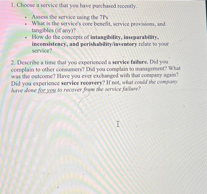 Solved 1. Choose a service that you have purchased recently. | Chegg.com